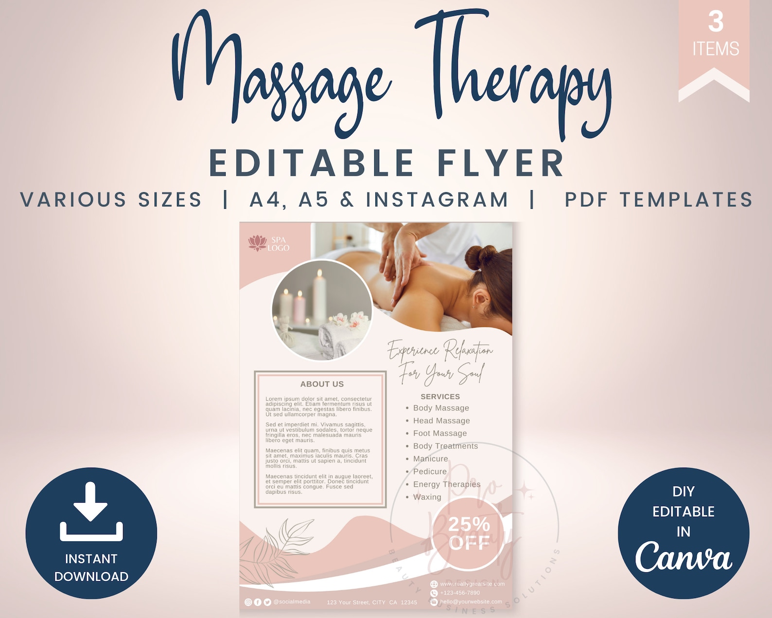 Editable Massage Therapy Flyer Pack, Printable Massage Flyers A4 and A5 ...