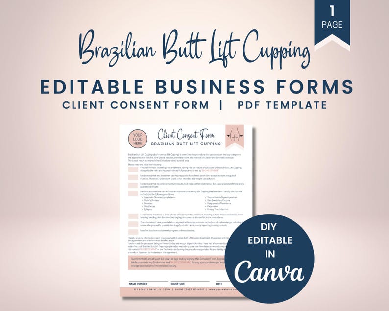 Brazilian Butt Lift Cupping Consent Form & Liability Waiver, Editable ...