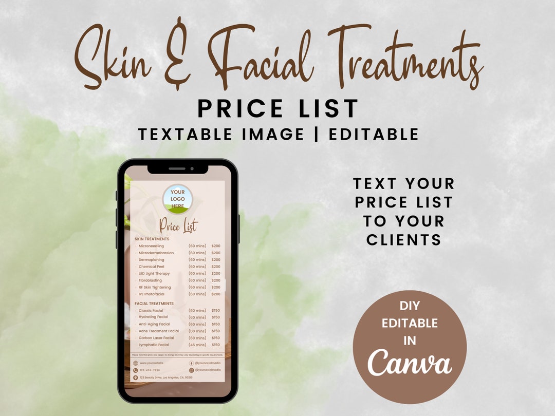 Digital Facial Treatment Price List, Skin Treatment Price List Template ...