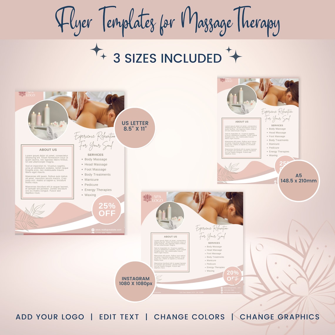 Editable Massage Therapy Flyer Pack, Printable Massage Flyers A4 and A5 ...