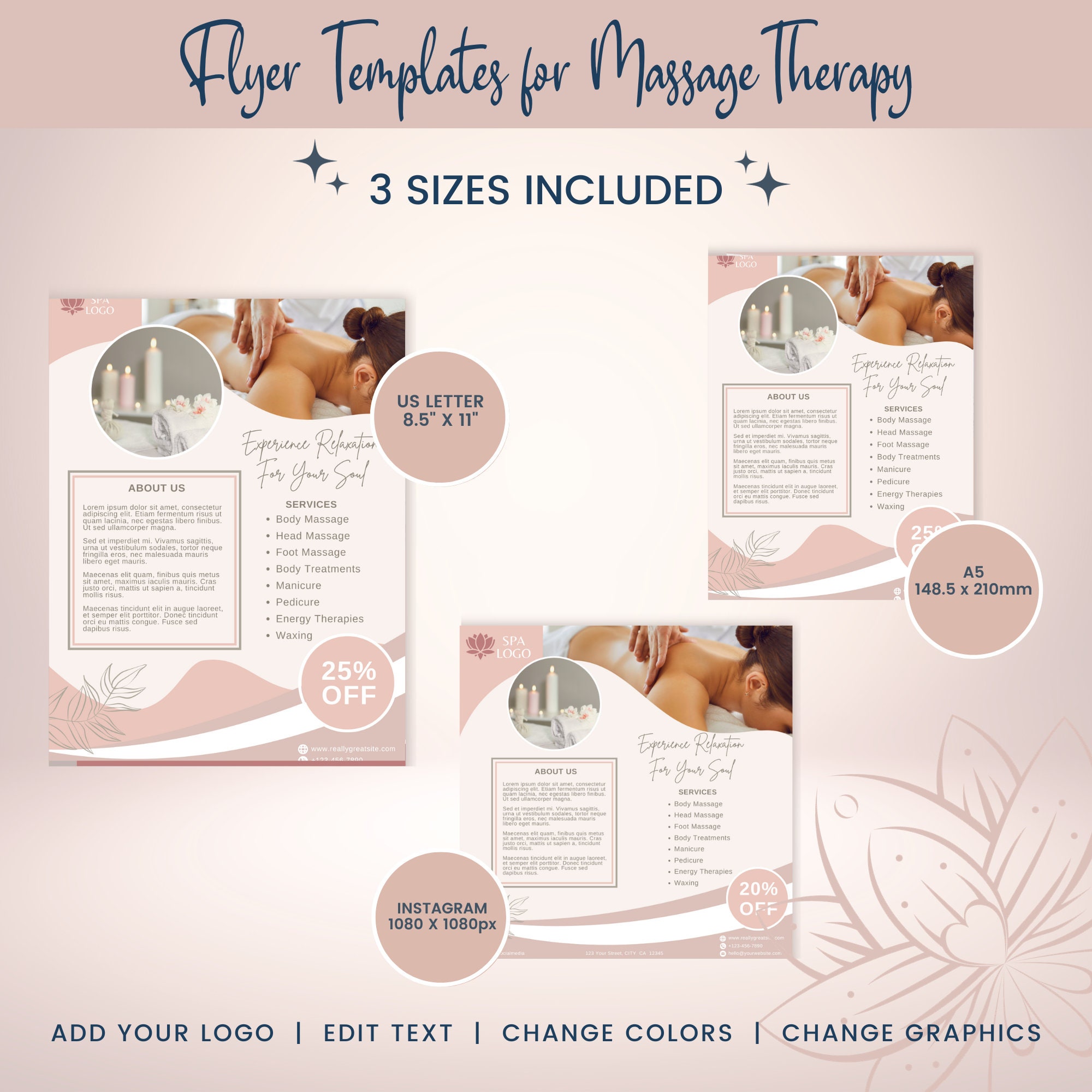 Editable Massage Therapy Flyer Pack, Printable Massage Flyers A4 and A5, Digital Massage Therapy ...