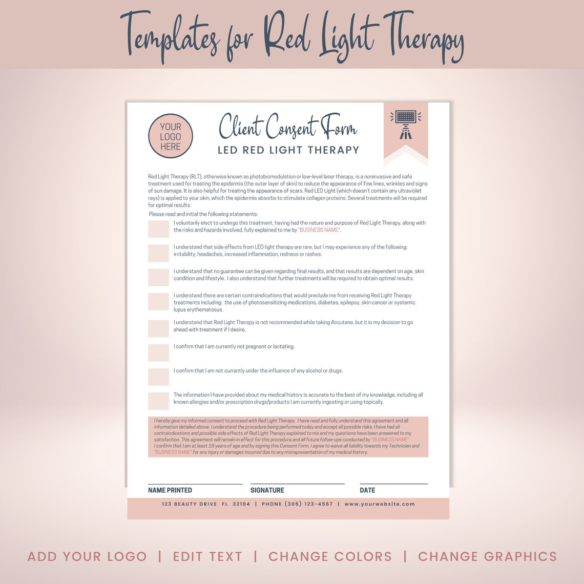 LED Red Light Therapy Client Consent Form, Editable RLT Forms for ...
