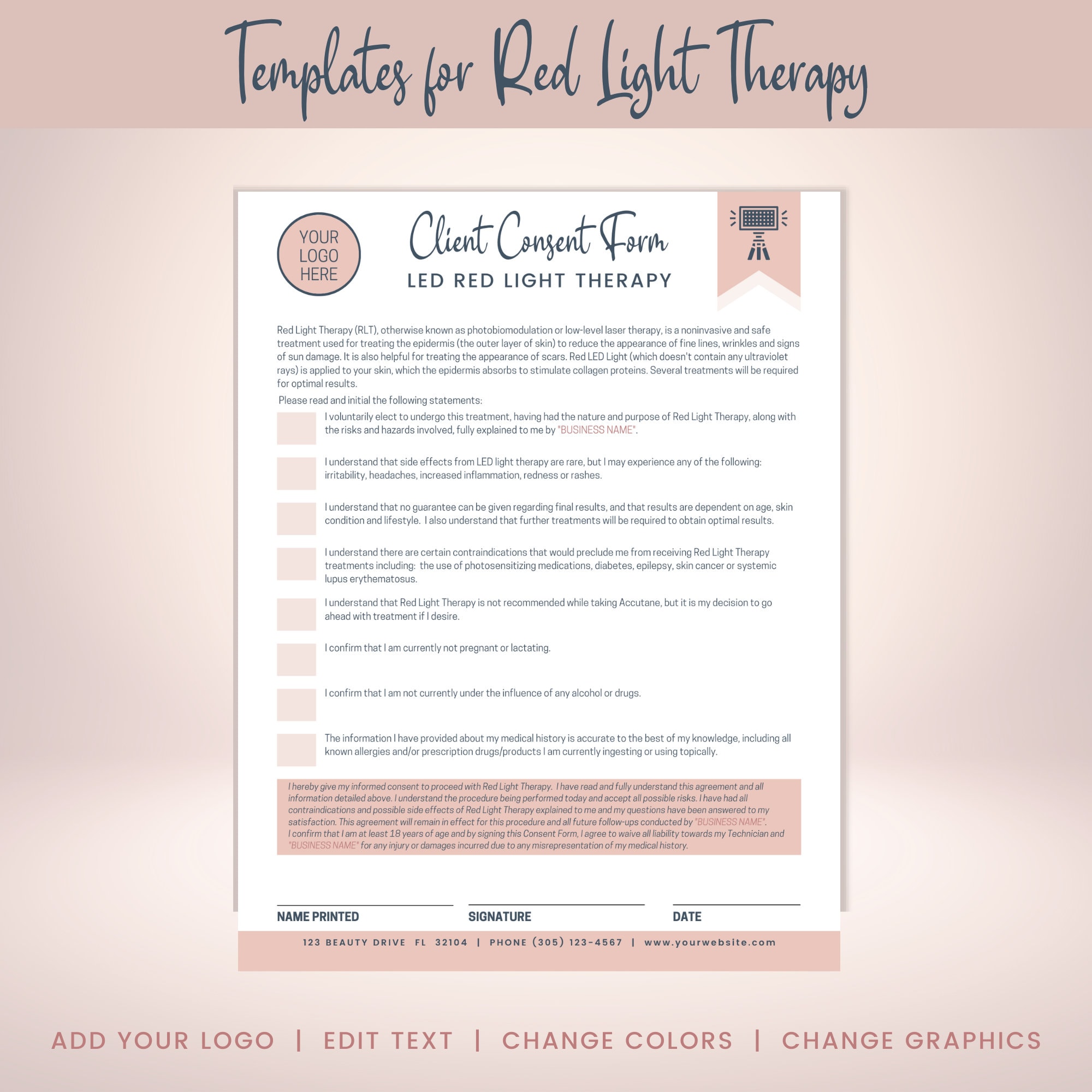 LED Red Light Therapy Client Consent Form, Editable RLT Forms for ...