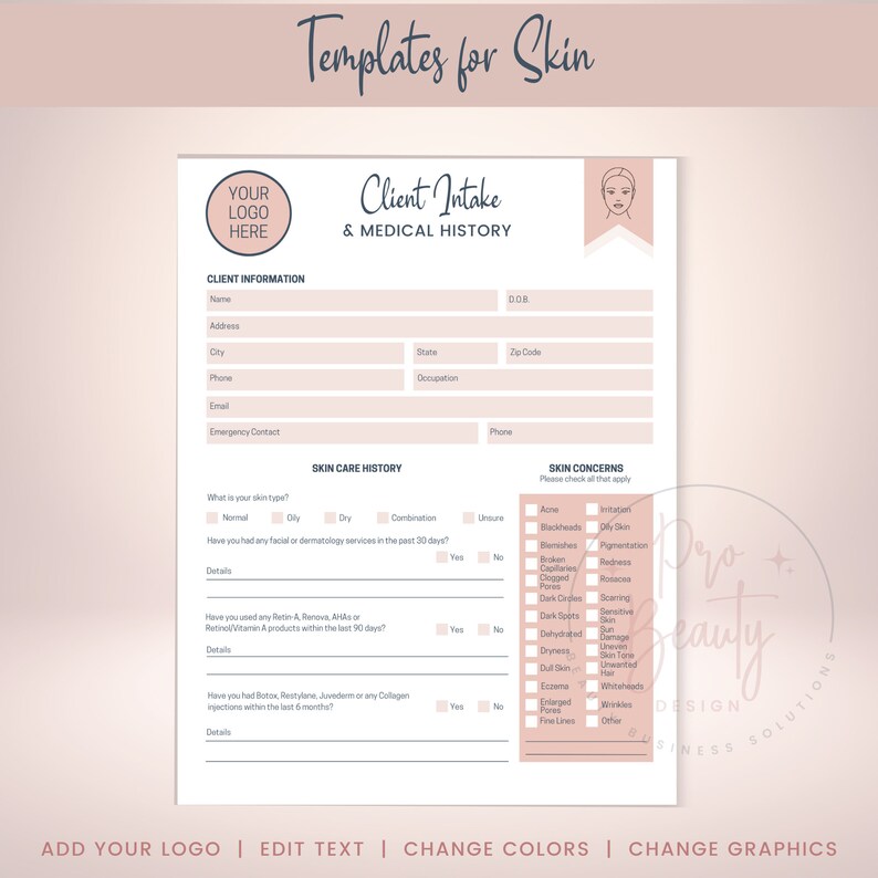 Editable Esthetician Client Intake Forms, Esthetician Templates for ...