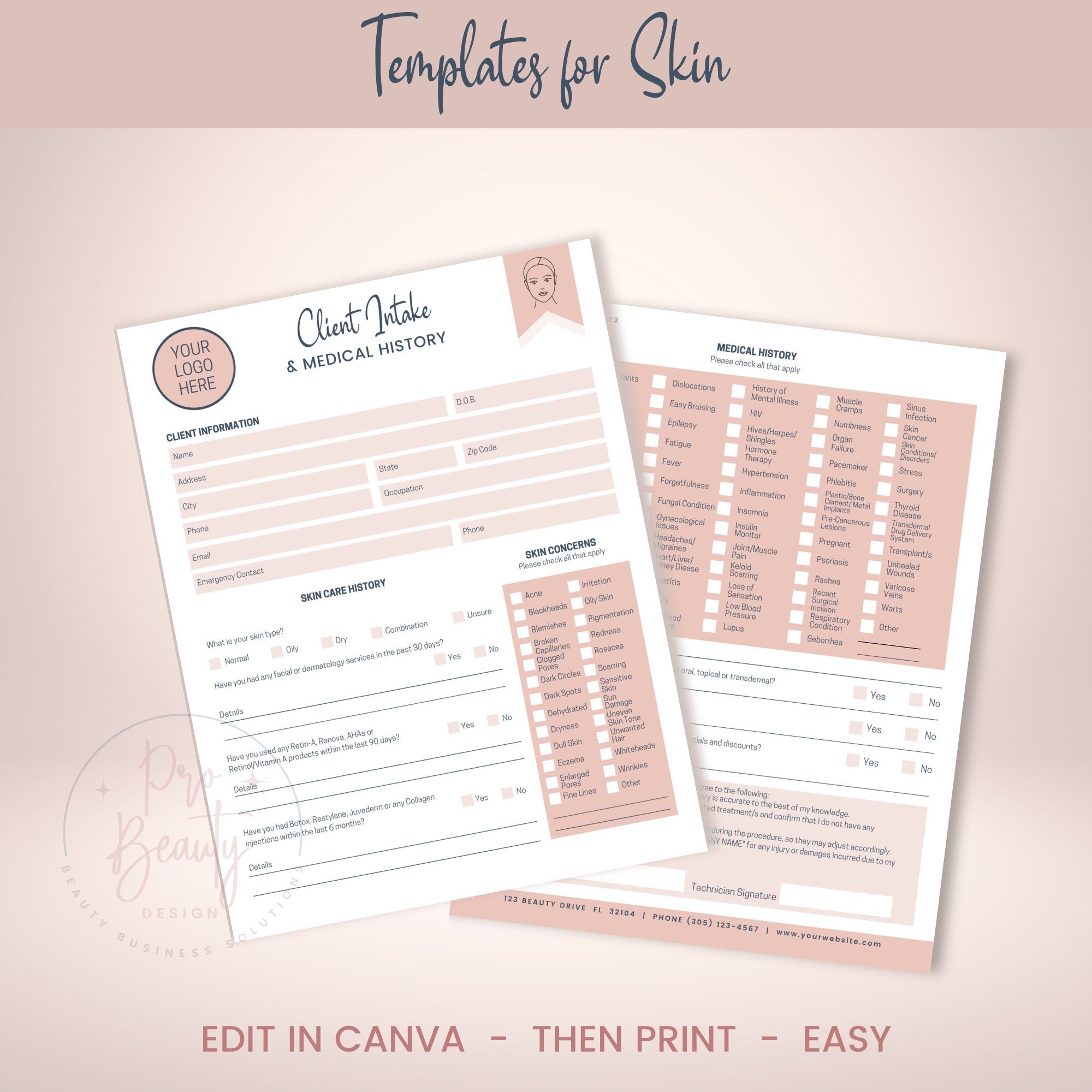 Editable Esthetician Business Forms Starter Pack, Client Intake Form ...