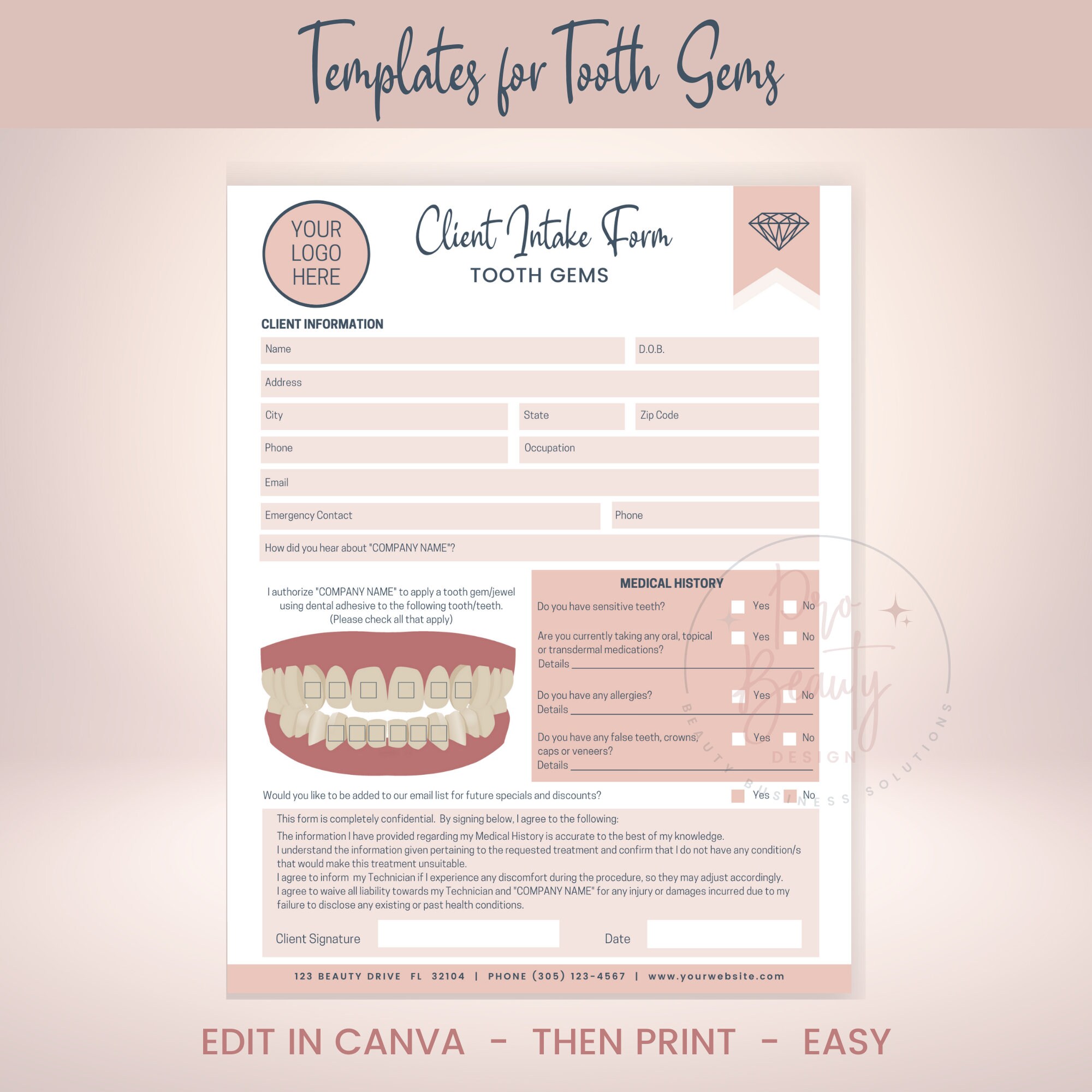 Editable Tooth Gem Client Intake Forms, Tooth Jewel Client Consent Form ...