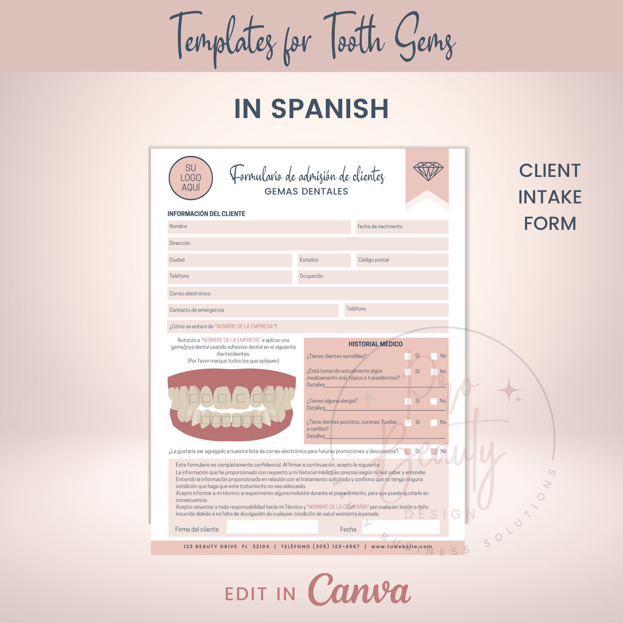 SPANISH Tooth Gem Business Forms, Tooth Jewel Intake and Client Consent ...
