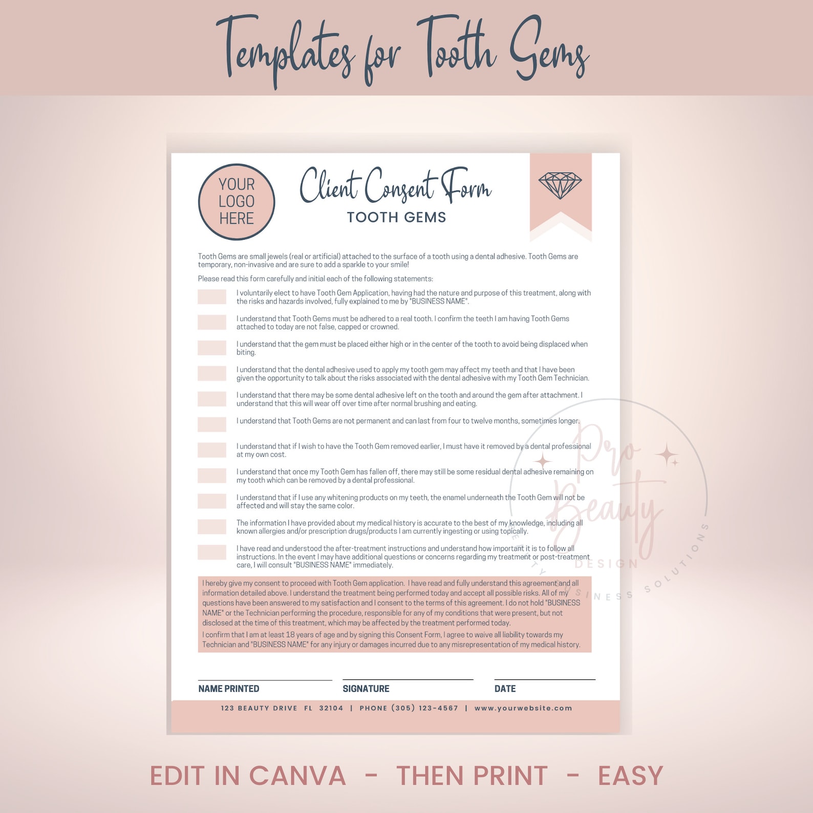 Editable Tooth Gem Consent Form, Tooth Jewel Application Form, Tooth ...