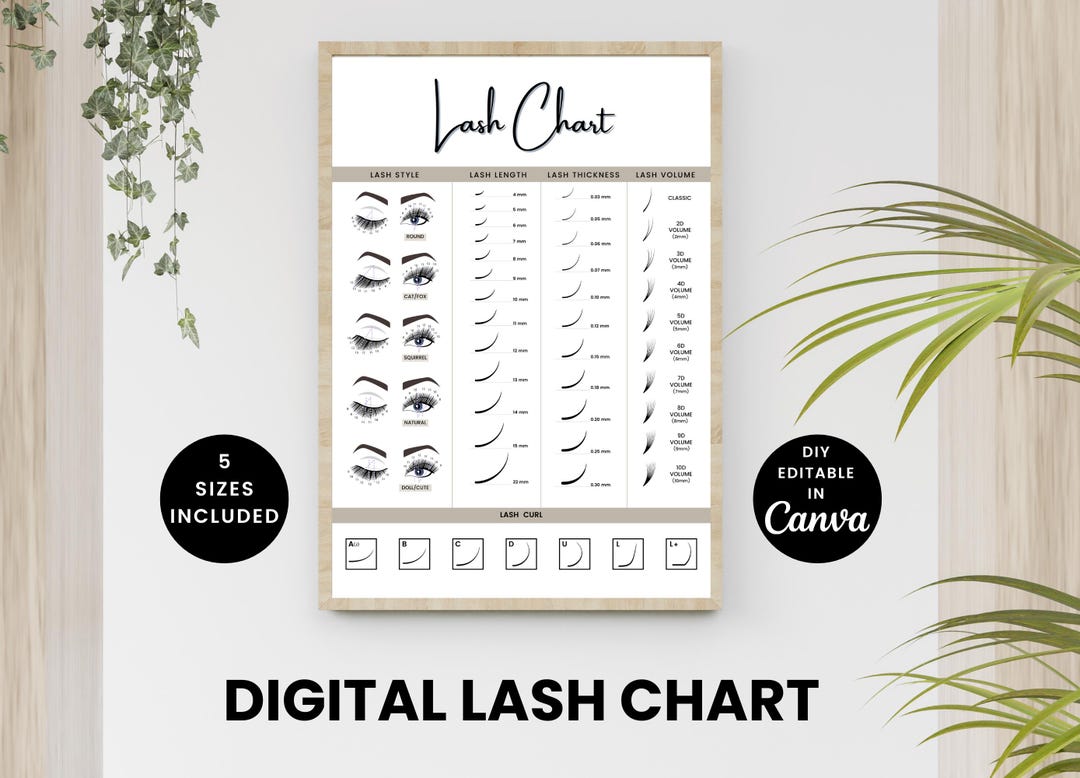 Digital Printable Lash Chart Poster for Lash Tech Studio, Eyelash ...