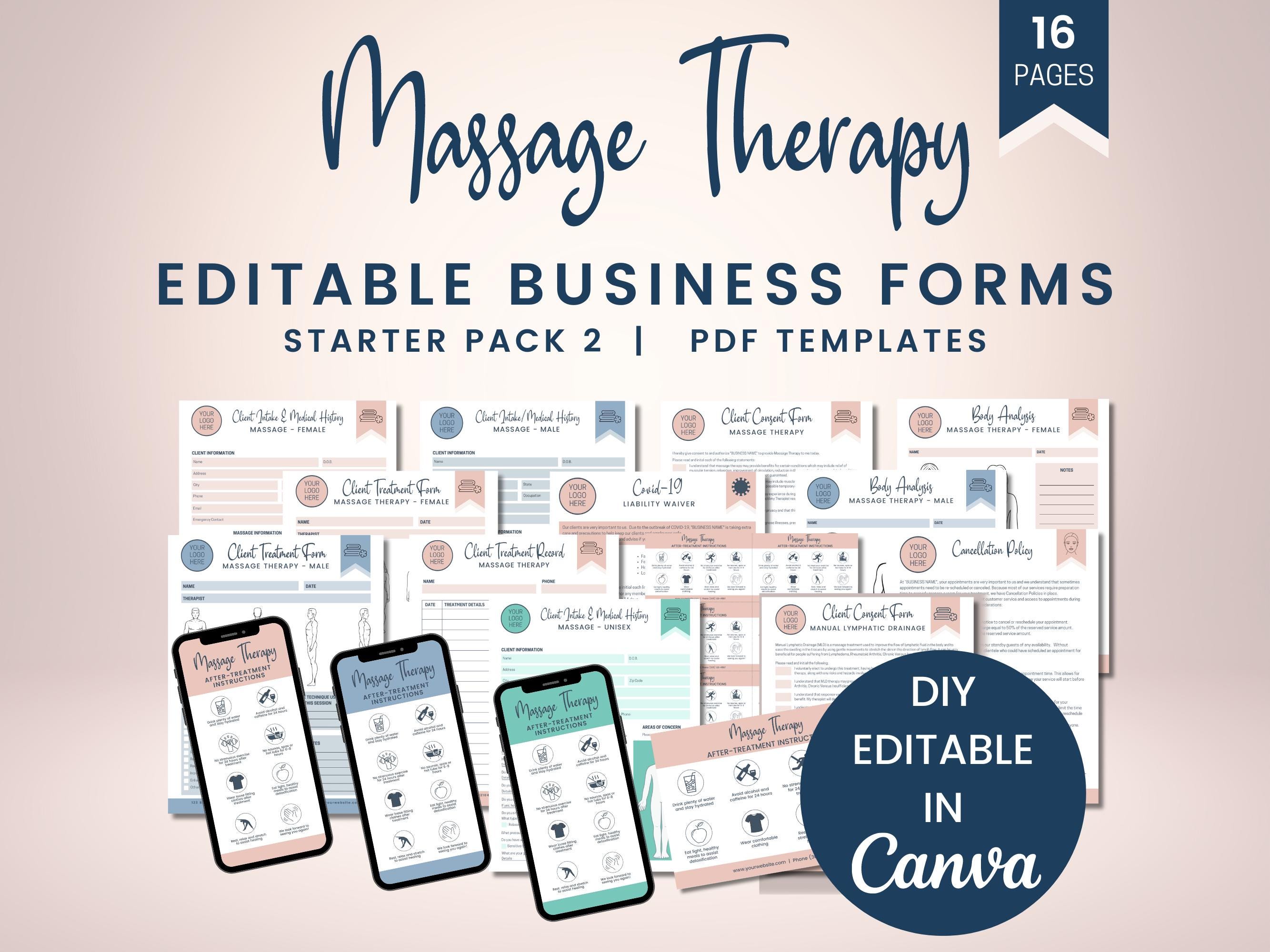 Editable Massage Therapy Business Forms for Estheticians, Massage ...