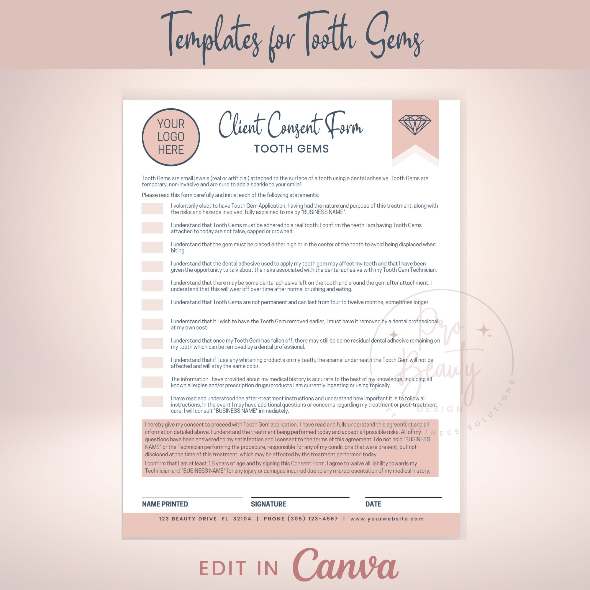 Editable Tooth Gem Client Intake Forms, Tooth Jewel Client Consent Form ...