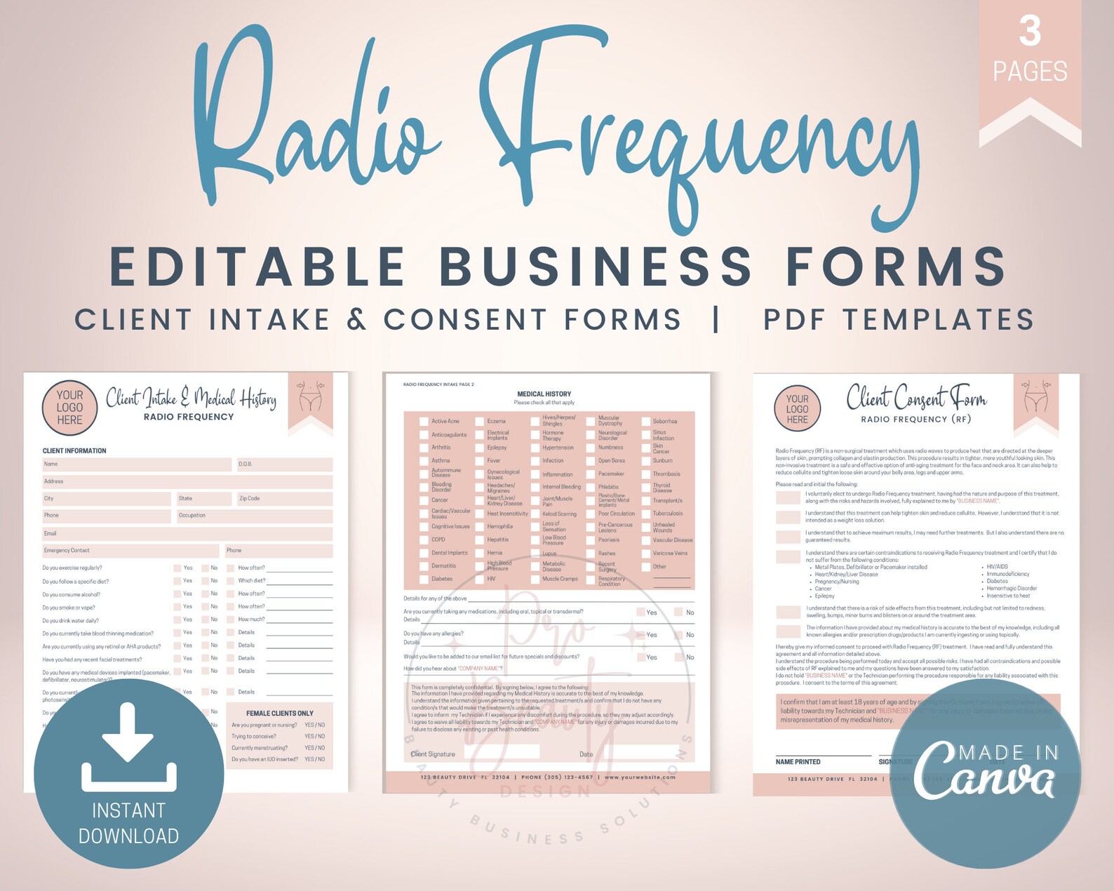 Radio Frequency Client Intake and Medical History Form, Editable RF ...