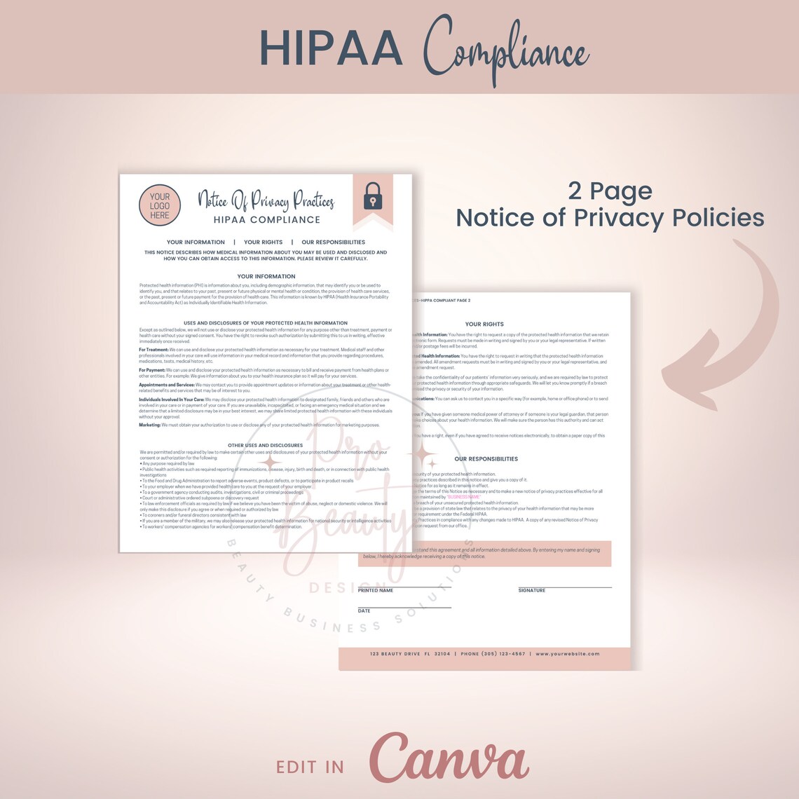 HIPAA Privacy Authorization and Notice of Privacy Policies, Compliant ...