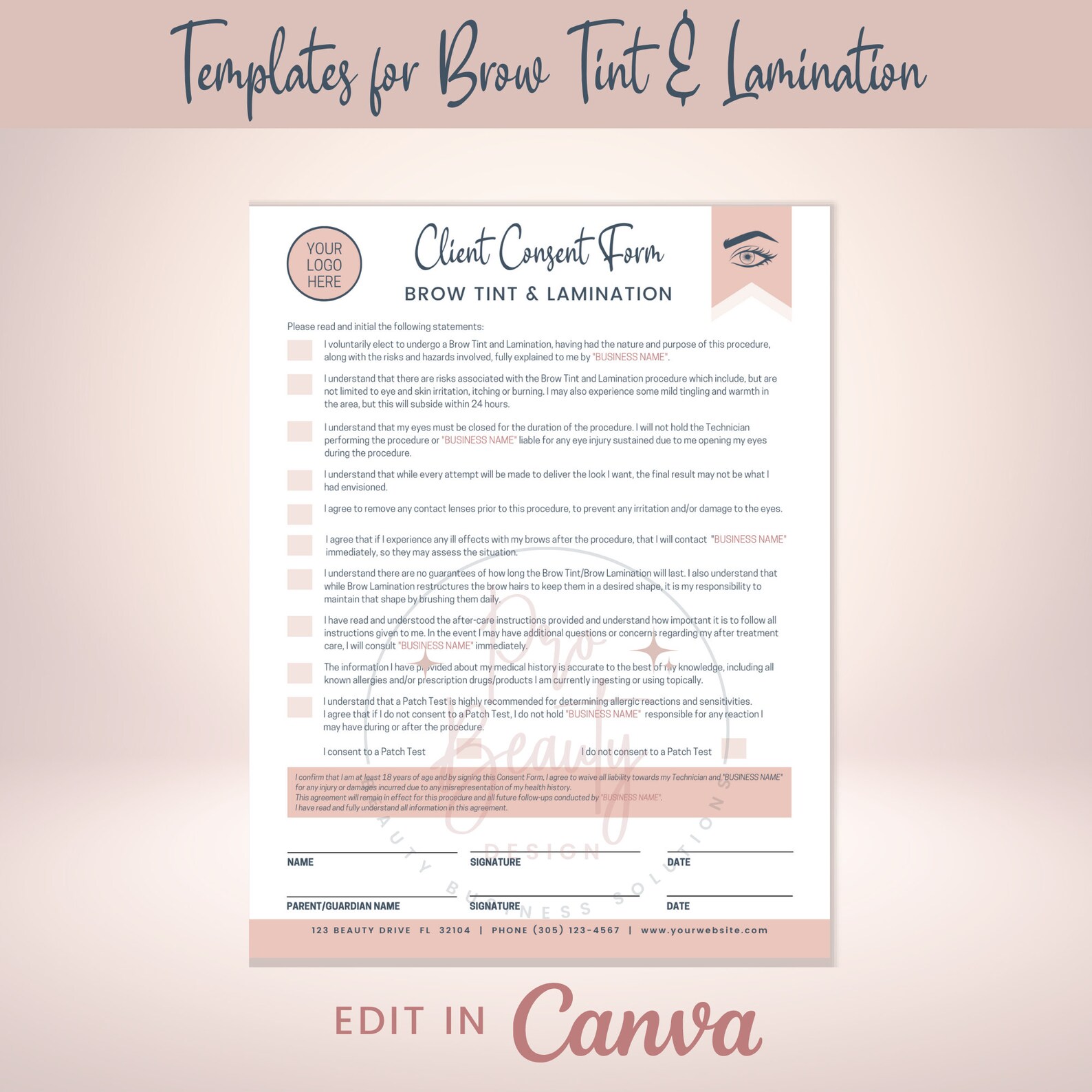 Editable Brow Tint and Lamination Client Intake Form, Brow Lamination ...