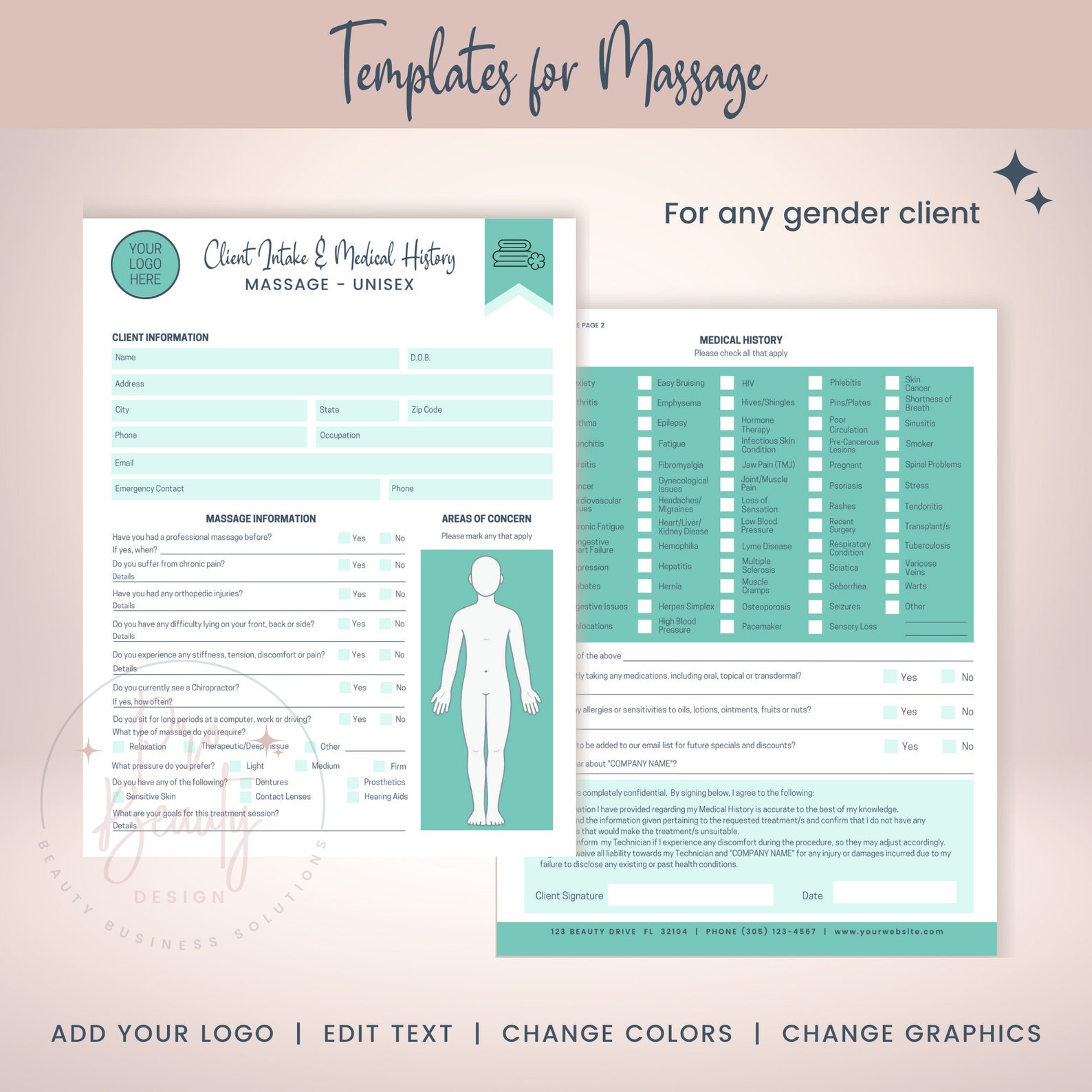Editable Unisex Massage Therapy Intake Forms, Non Gender Client Intake ...