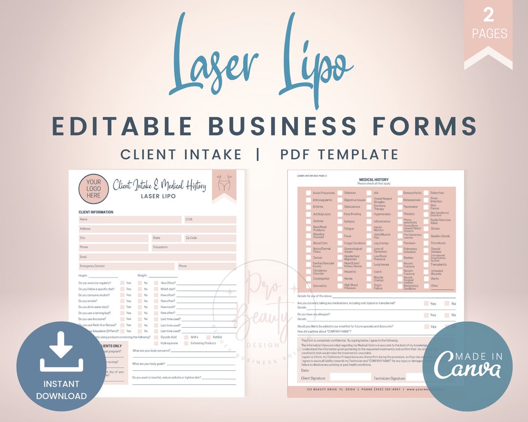 Editable Laser Lipo Client Intake Forms, Body Sculpting Consultation ...