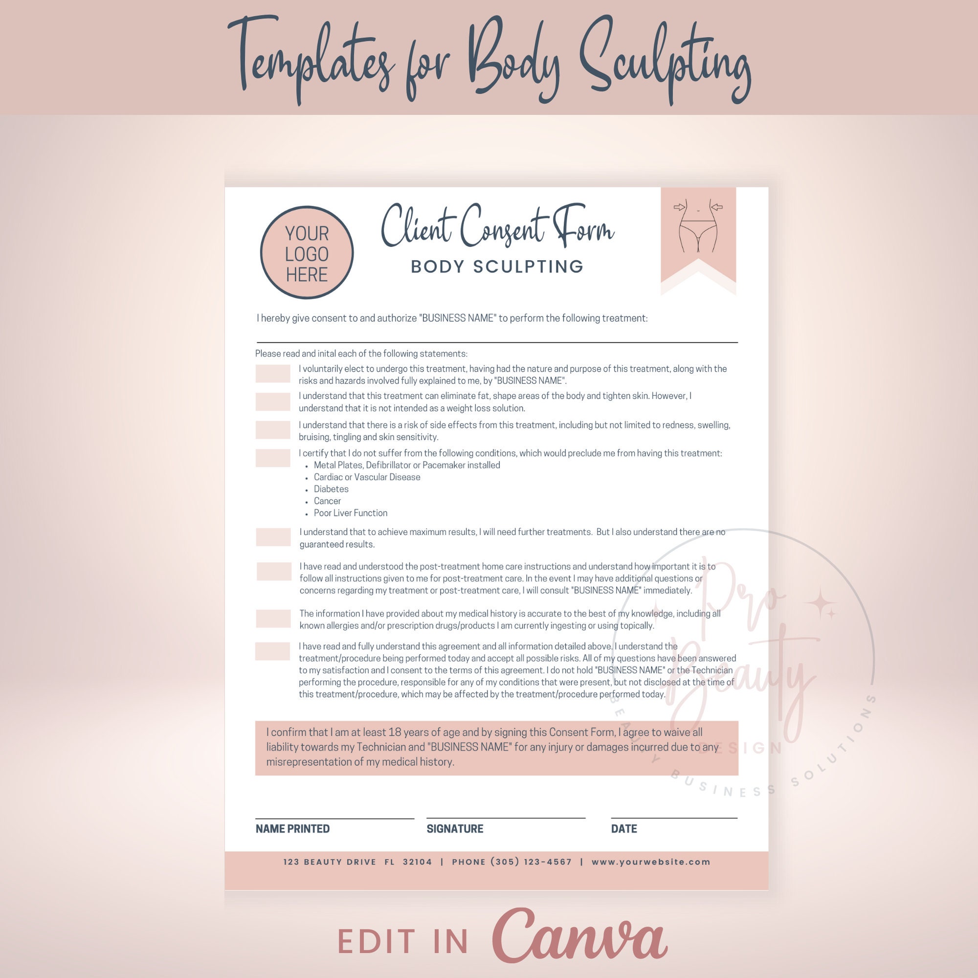 Body Sculpting Consent Form & Liability Waiver, Editable Body ...
