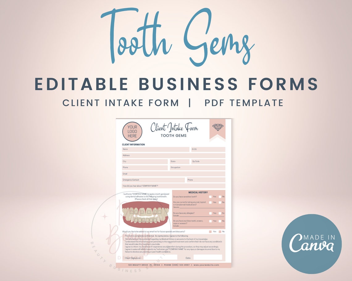 Editable Tooth Gem Client Intake Form, Tooth Jewel Application Form ...