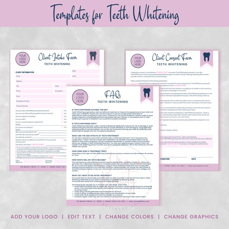Teeth Whitening Business Forms Template Bundle, Editable Tooth ...