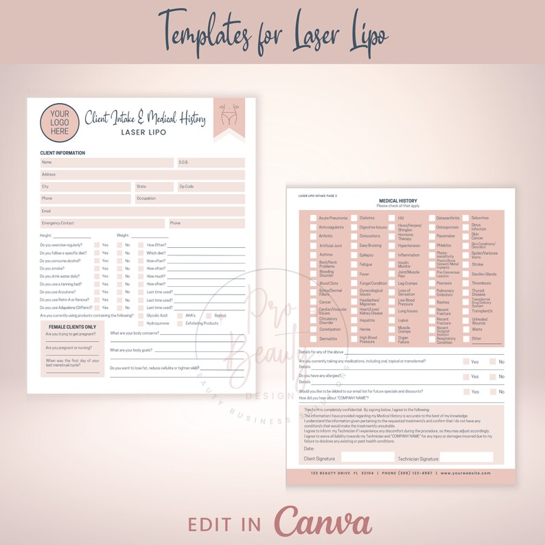 Editable Laser Lipo Client Intake Forms, Body Sculpting Consultation ...