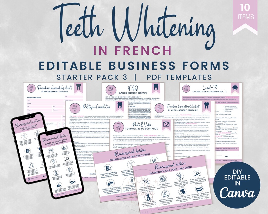FRENCH Teeth Whitening Business Form Templates, Editable Tooth ...