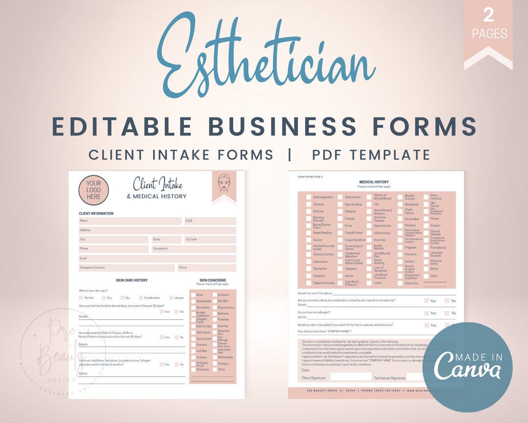 Esthetician Client Intake Forms, Editable Templates for Beauty Salons ...