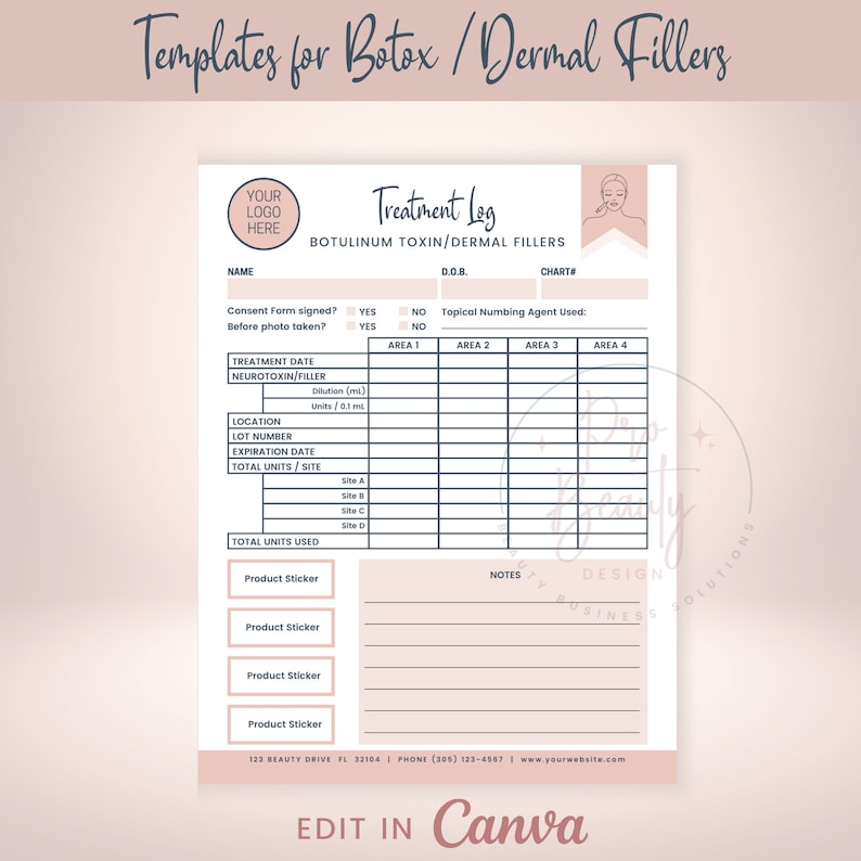 Editable Botulinum Toxin and Dermal Filler Treatment Log, Botox Form ...