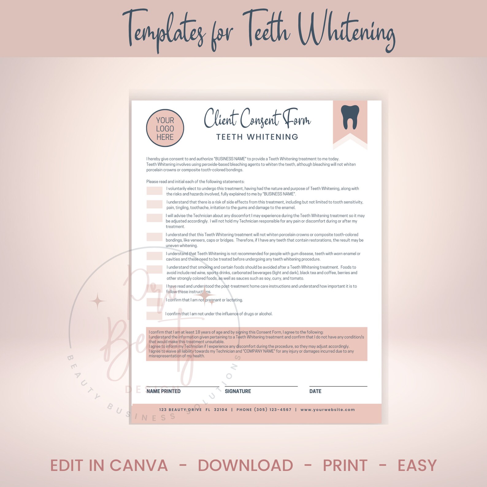 Teeth Whitening Client Intake Form, Editable Informed Consent, Tooth ...