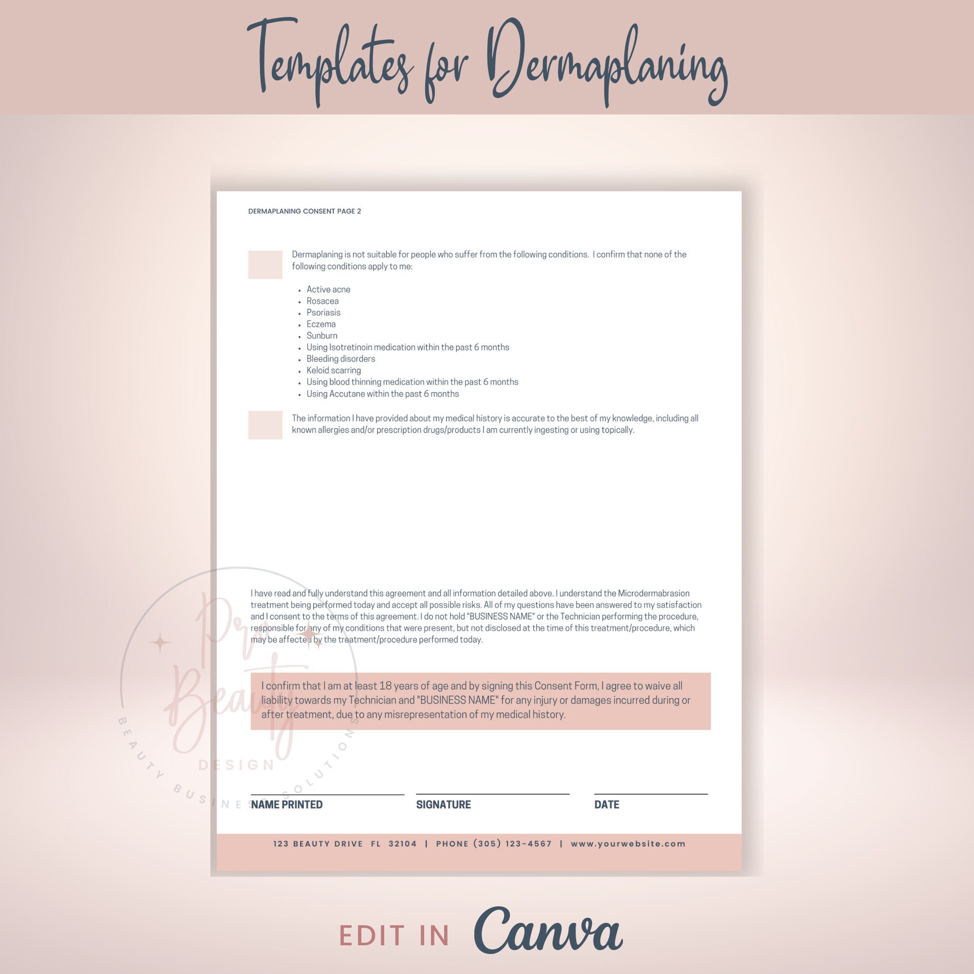 Editable Dermaplaning Consent Form Template, Esthetician Business Form, Printable Liability ...