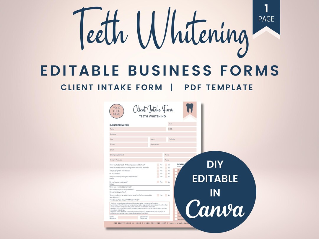 Teeth Whitening Client Intake Form: Editable Esthetician Business ...