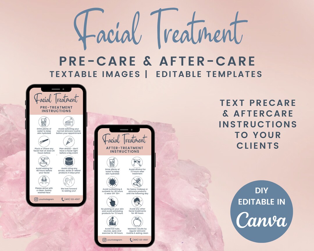 Digital Facial Treatment Precare and Aftercare Cards, Textable Facial ...