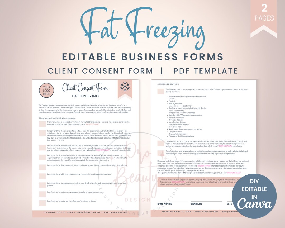 Fat Freezing Consent Form & Liability Waiver, Editable Cryotherapy Body ...