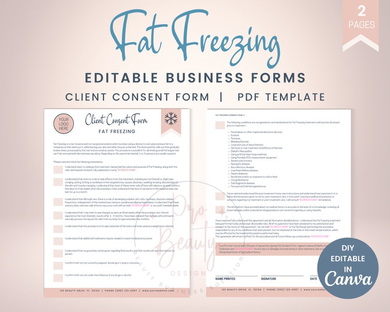 Fat Freezing Consent Form & Liability Waiver, Editable Cryotherapy Body ...