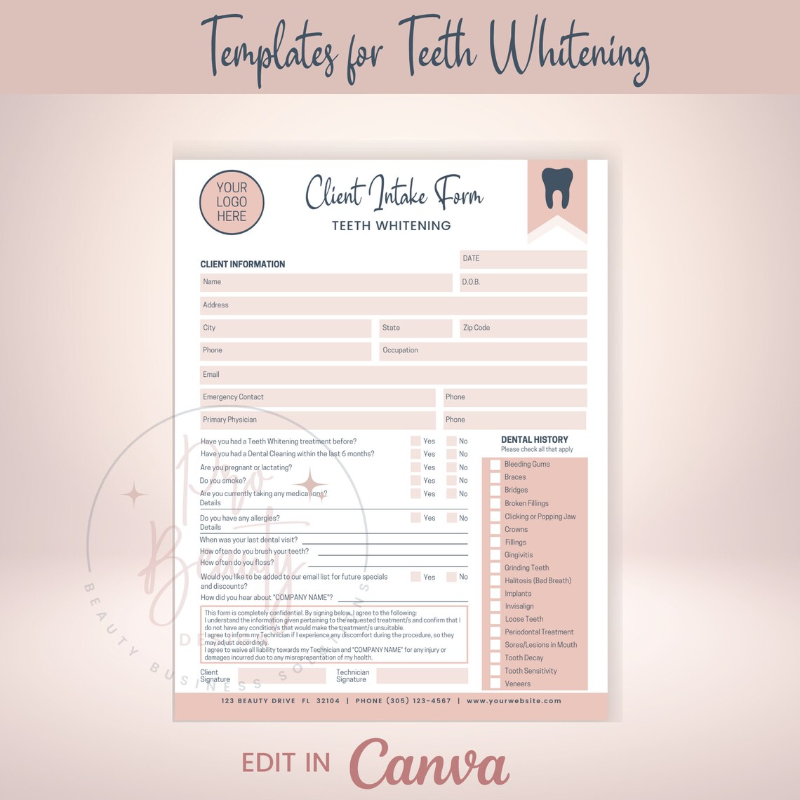 Teeth Whitening Client Intake Form, Editable Informed Consent, Tooth ...
