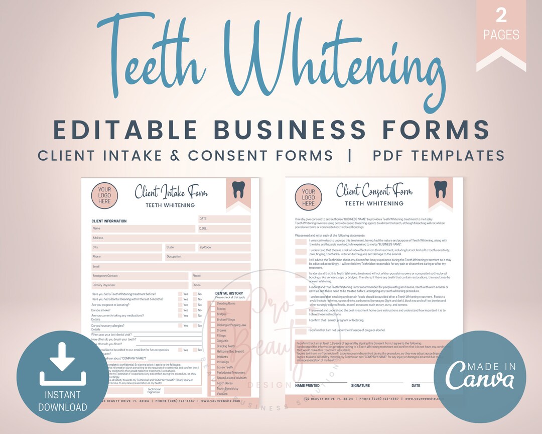 Teeth Whitening Client Intake Form, Editable Informed Consent, Tooth ...