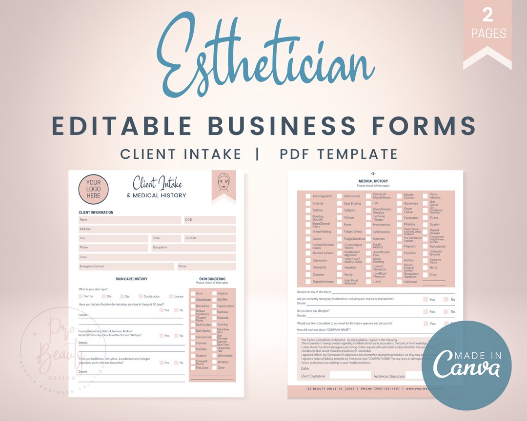 Editable Esthetician Client Intake Forms, Esthetician Templates for ...