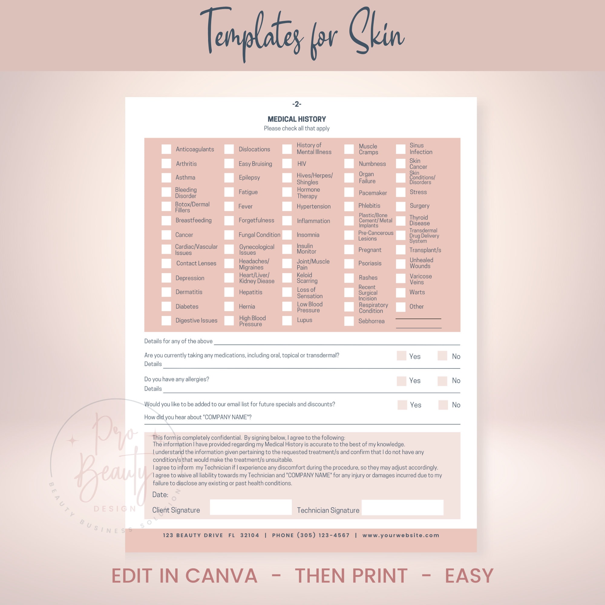 Editable Esthetician Client Intake Forms, Esthetician Templates for ...