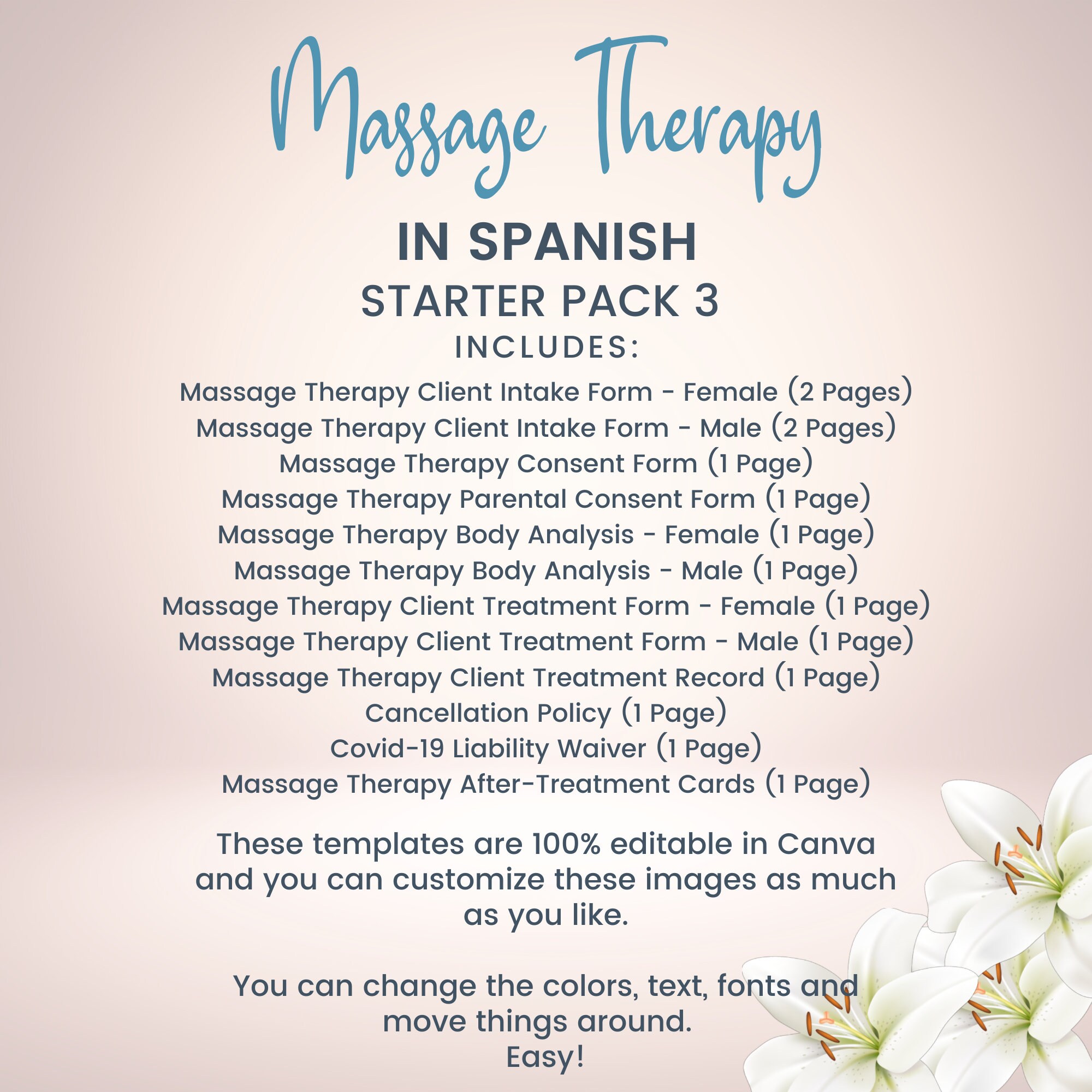 SPANISH Massage Therapy Business Forms for Estheticians, Editable ...