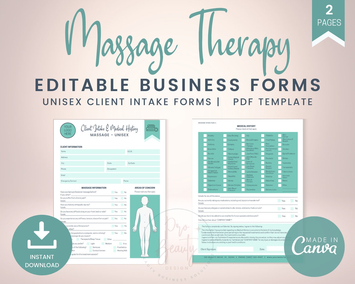 Editable Unisex Massage Therapy Intake Forms, Non Gender Client Intake ...