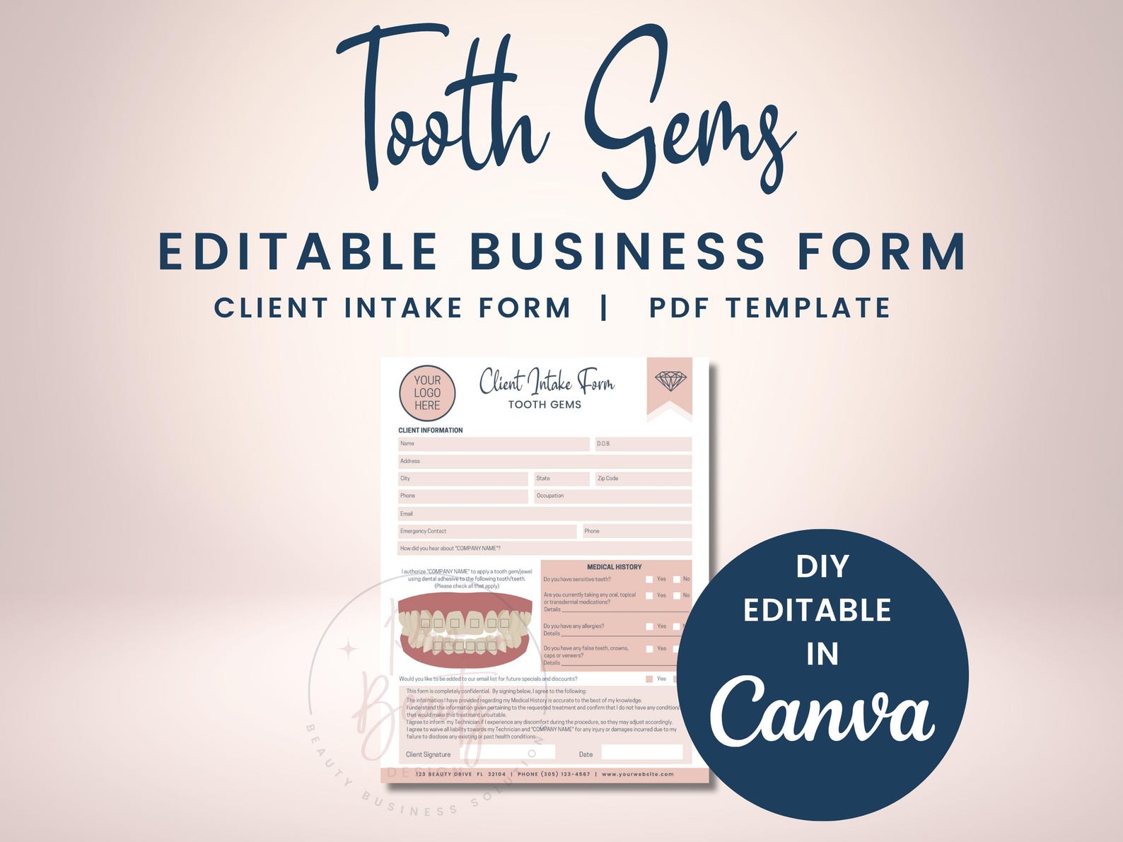 Editable Tooth Gem Client Intake Form, Tooth Jewel Application Form ...