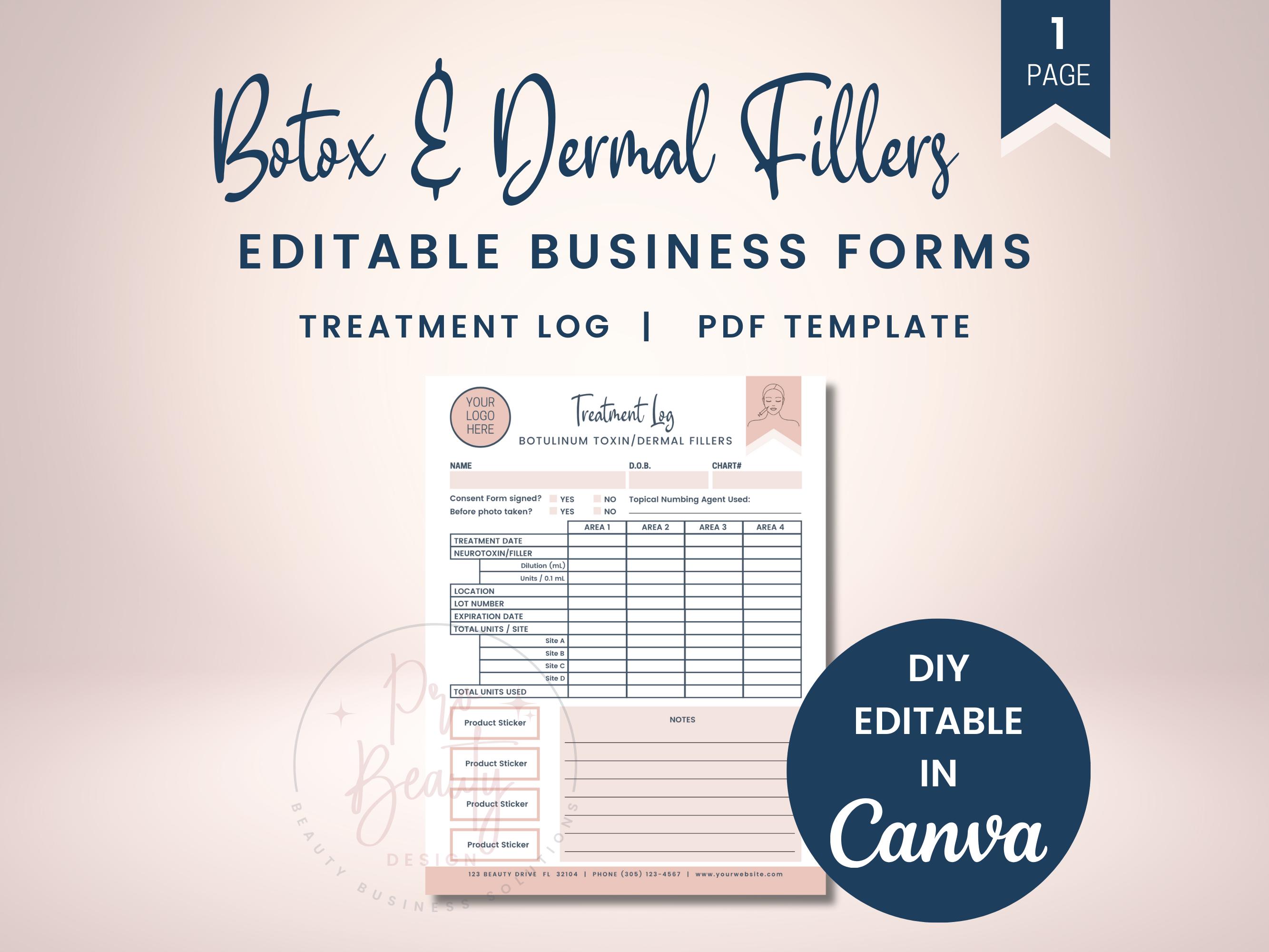 Editable Botulinum Toxin and Dermal Filler Treatment Log, Botox Form ...