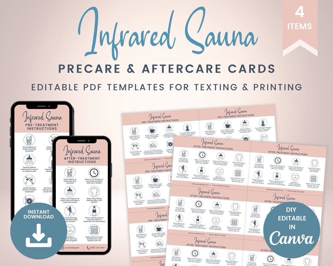 Infrared Sauna Pre-treatment and After-care Cards Bundle, Editable ...