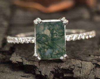 Natural Moss Agate Ring-emerald Cut Moss Agate Ring-gold-silver ...