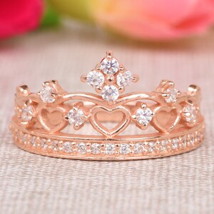 14K Solid Rose Gold Royal Princess Crown Engagement Ring, Tiara Diamond ...