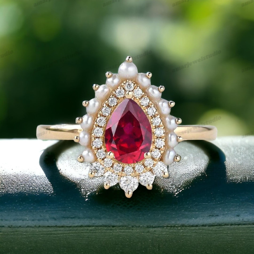 Antique Ruby & Pearl Ring Yellow Gold Women Delicate Lab Ruby Vintage ...