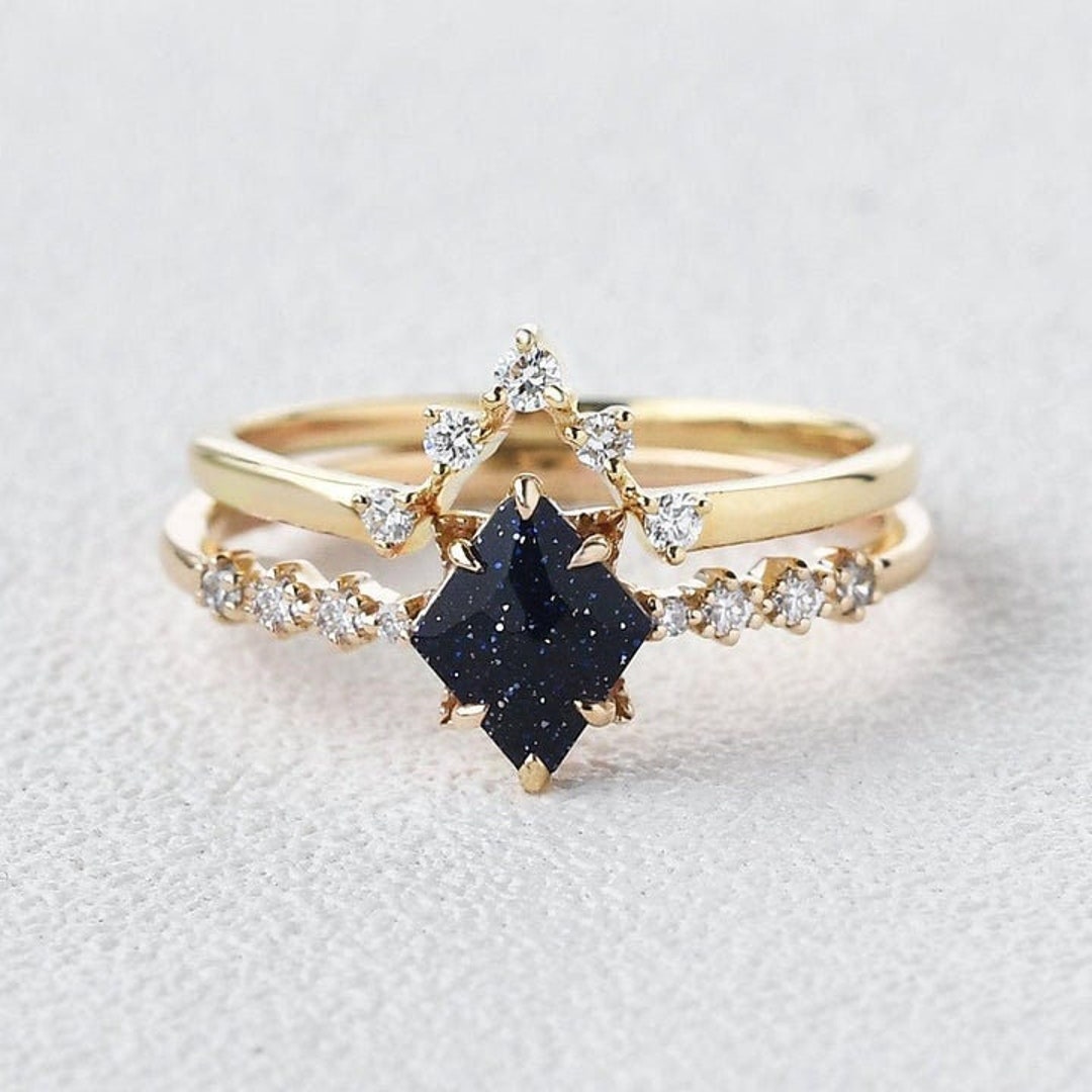 Galaxy Blue Sandstone Engagement Ring Set, Vintage Kite Shaped ...