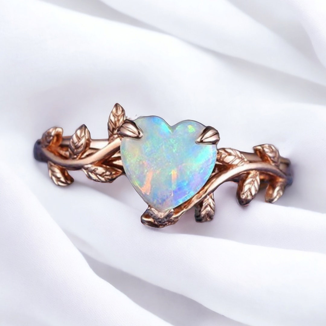 Unique Heart Shaped Opal Engagement Ring Rose Gold Moissanite Cluster ...