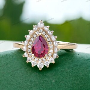 Antique Ruby & Pearl Ring Yellow Gold Women Delicate Lab Ruby Vintage ...