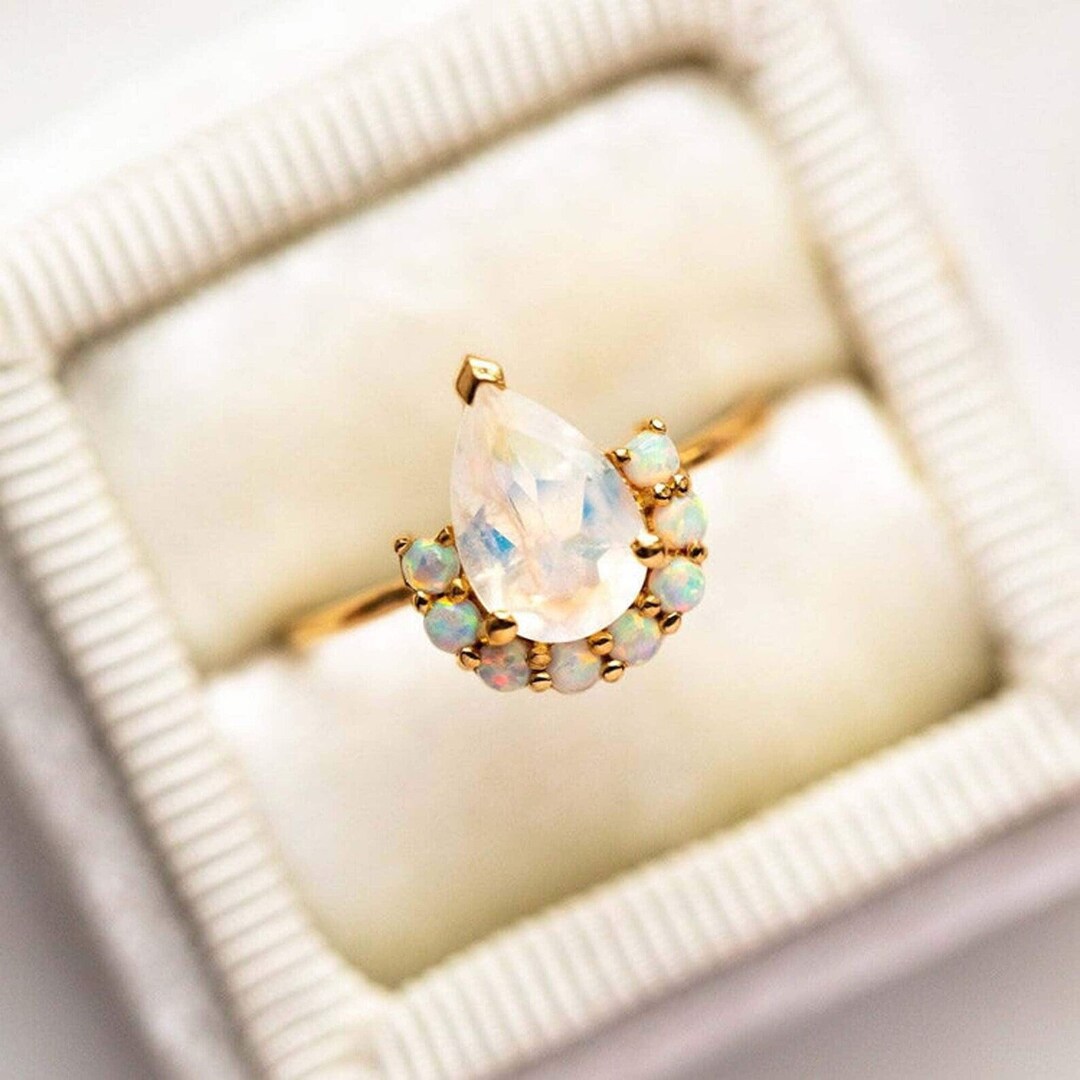 Pear Moonstone Ring: Opal Accent, Boho Bridal Jewelry - Etsy