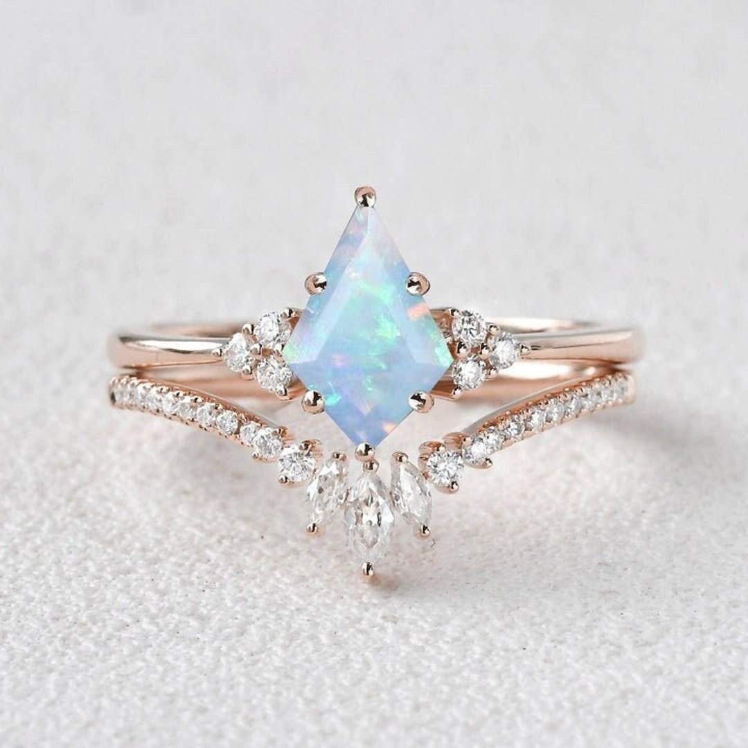 Kite Opal Engagement Ring Set Rose Gold Rings for Women Art - Etsy